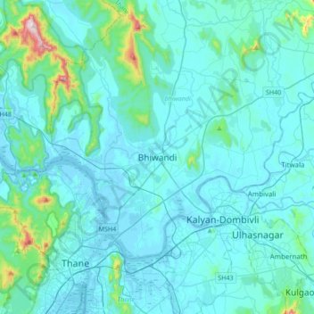 Mapa topográfico Bhiwandi, altitud, relieve