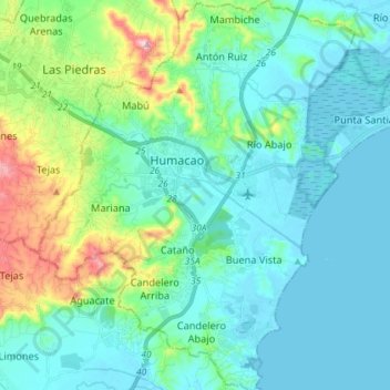 Mapa topográfico Humacao, altitud, relieve