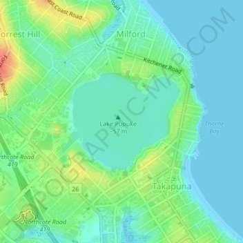 Mapa topográfico Lake Pupuke, altitud, relieve